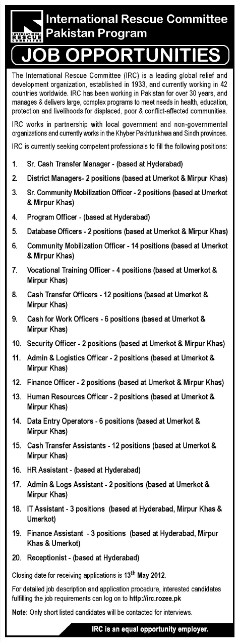 jobs at IRC (International Rescue Committee in Mirpur Khas, Hyderabad, Umerkot, The News on 06 ...